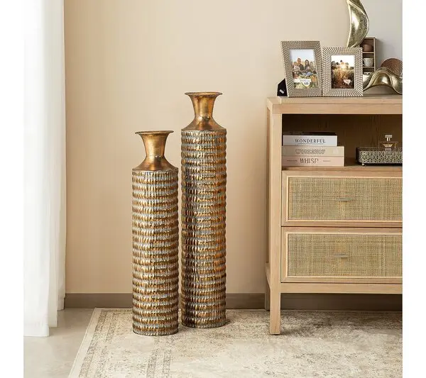 GLITZHOME Metal Embossed Verdigris Floor Vases Set Of 2