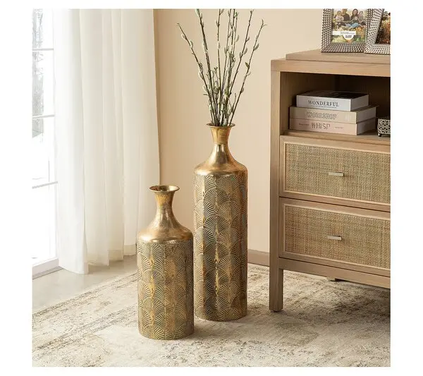 GLITZHOME Metal Antique Gingko Floor Vases Set Of 2