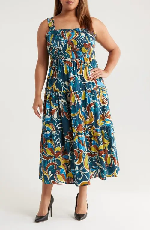Anne Klein Smocked Bodice Sleeveless Tiered Maxi Dress