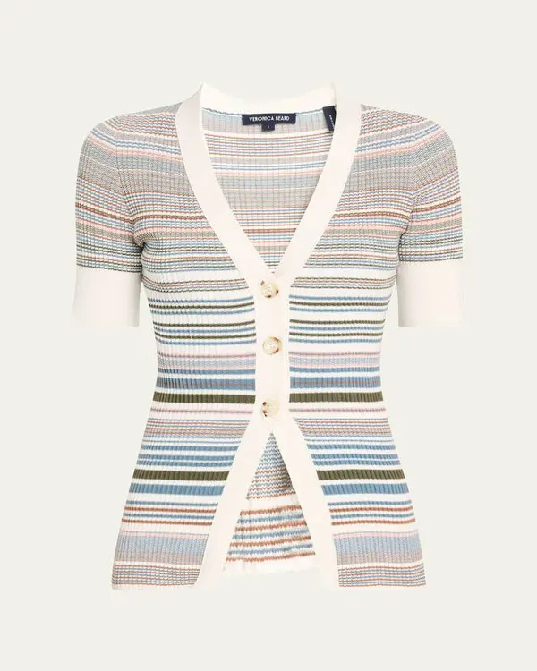 Veronica Beard Fawne Stripe Short-sleeve Cardigan