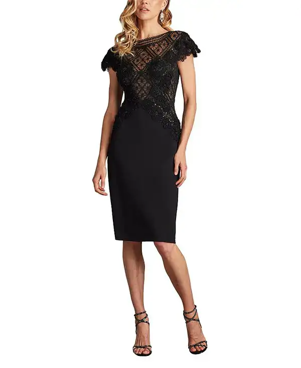 open lace back dress Tadashi Shoji CHQ25188MD Short Printed Cocktail Pleated Dress – The Dress  Outlet