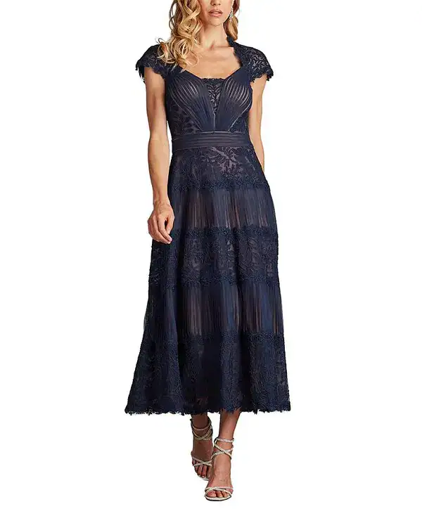 Tadashi Shoji Boette Lace Tea-Length Dress - Navy | Editorialist