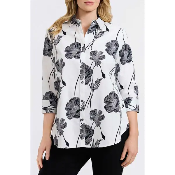 Foxcroft Marina Poppy Print Cotton Shirt - White/ Black
