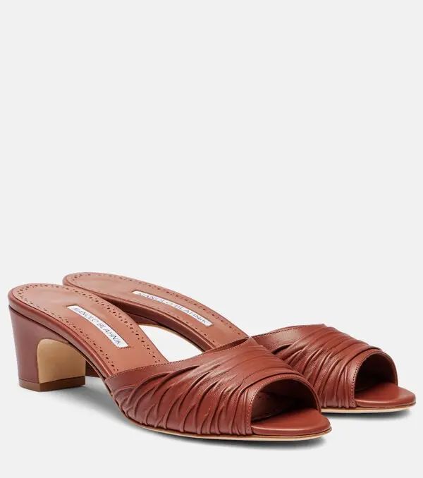 Manolo Blahnik Piruabar Gathered Leather Mules - Brown