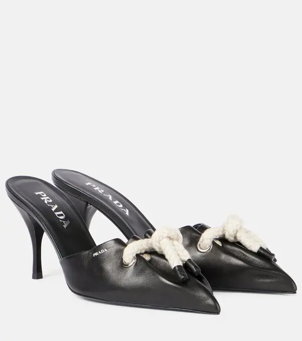 Prada Logo Leather Mules - Black