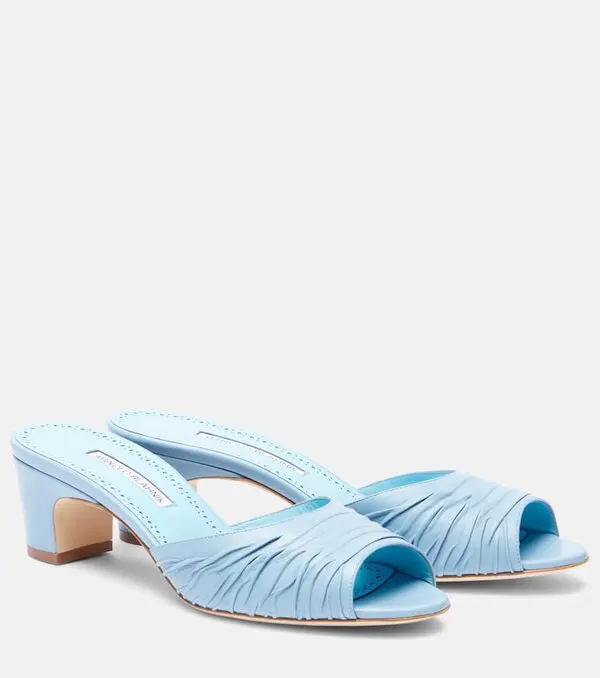Manolo Blahnik Piruabar Gathered Leather Mules - Blue