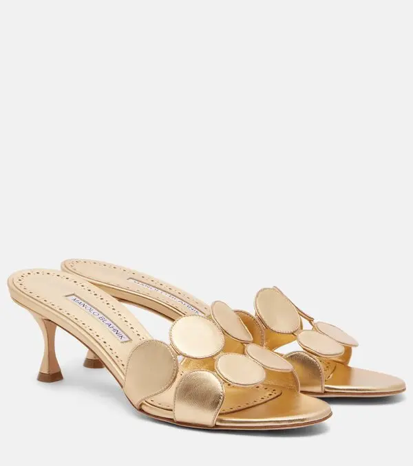 Manolo Blahnik Haribalmu 50 Leather Mules - Gold