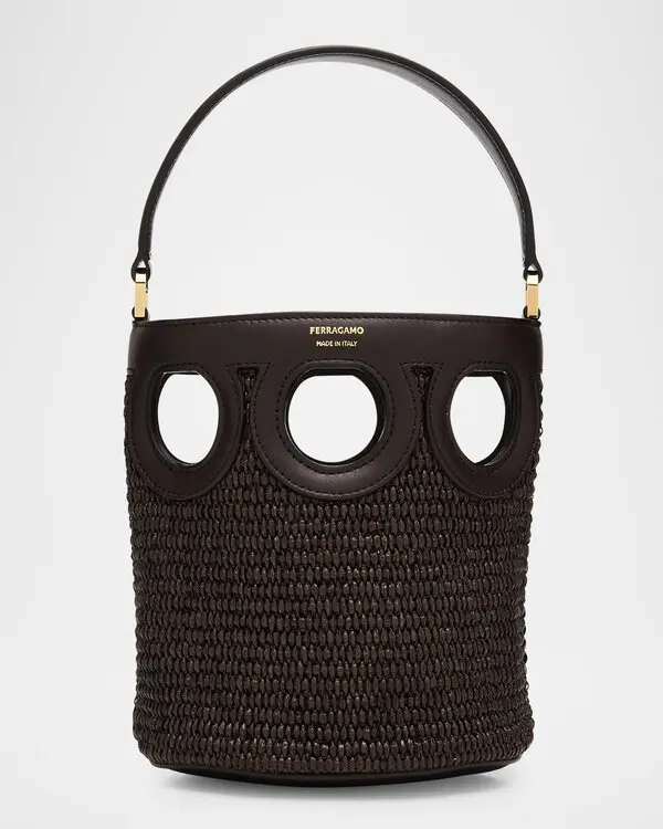FERRAGAMO Cutout Raffia Bucket Bag - Testa Di Moro