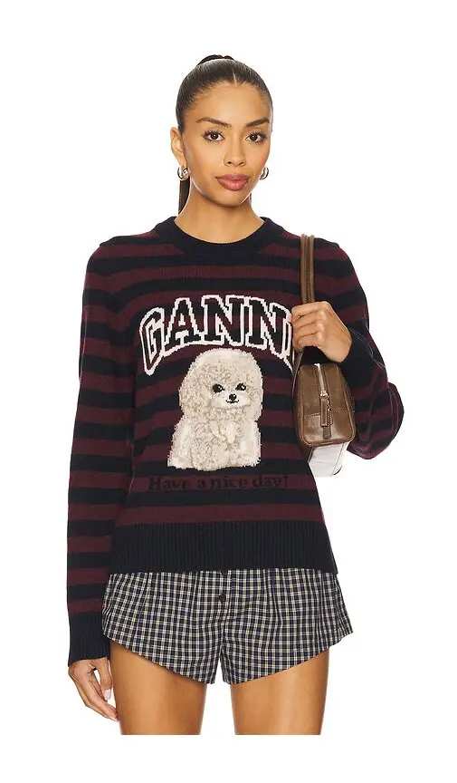 GANNI Graphic Wool Mix Poodle Stripe Crewneck - Multicolor