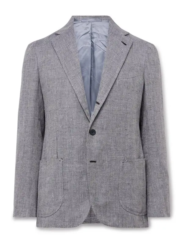 J. MUESER Waverly Herringbone Linen And Wool-blend Blazer - Blue