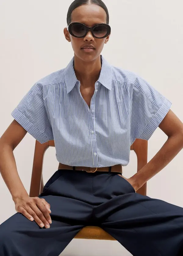 ME+EM Cotton Voile Striped Blouse - Chambray Blue/soft White