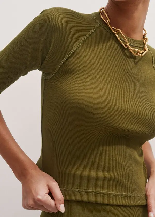 ME+EM Crop Raglan Seam Rib Tee - Deep Golden Olive