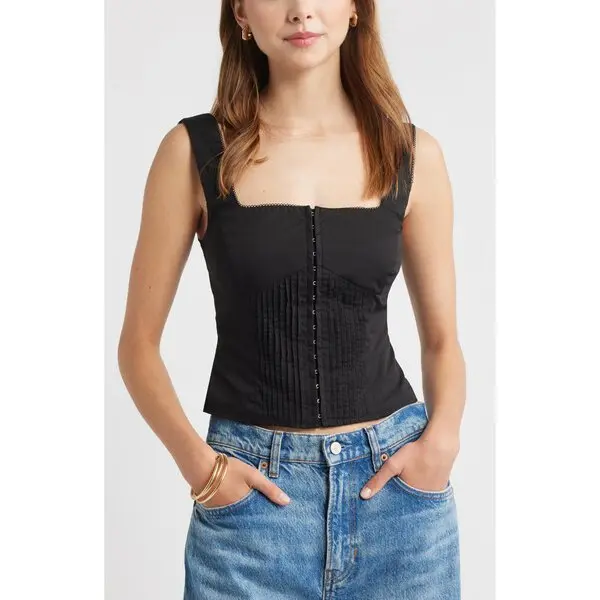 OPEN EDIT Pintuck Bustier Top - Black