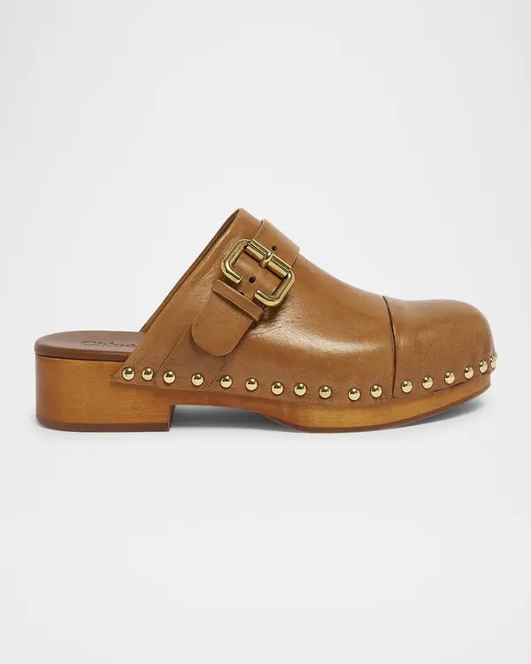 Chloé Jeannette Calf Leather Buckle Clogs - Ginger Brown