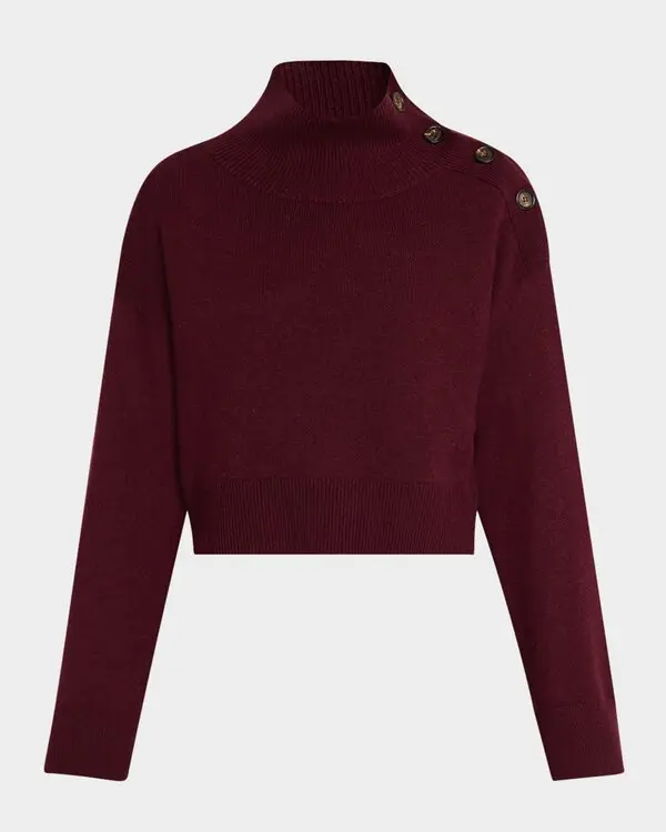 Brunello Cucinelli Turtleneck Button-shoulder Cashmere Crop Sweater - Bordeaux