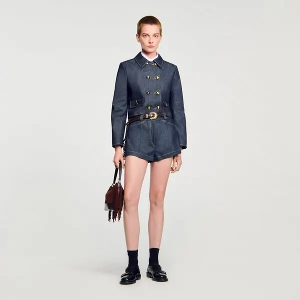 Sandro High-waisted Denim Shorts With Metal Rings - Deep Blue