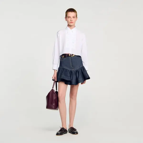 Sandro Cropped Shirt With Pleated Bib - White
