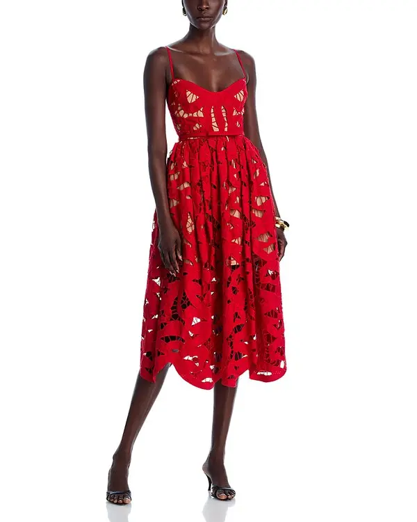 SELF-PORTRAIT Bow Embroidered Midi Dress - Red