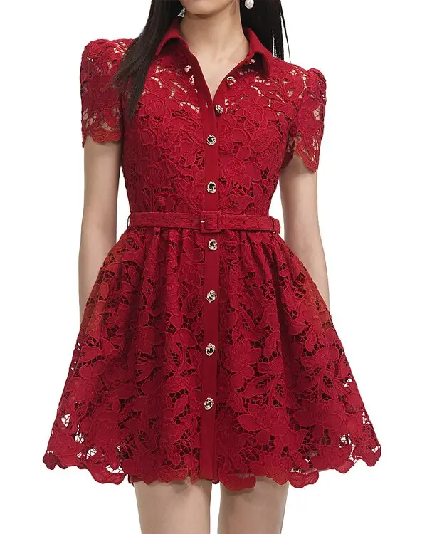 SELF-PORTRAIT Lace Collared Mini Dress - Burgundy