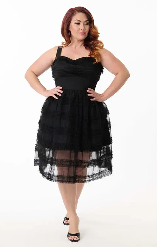 Unique Vintage Tiered Sheer Swing Dress - Black