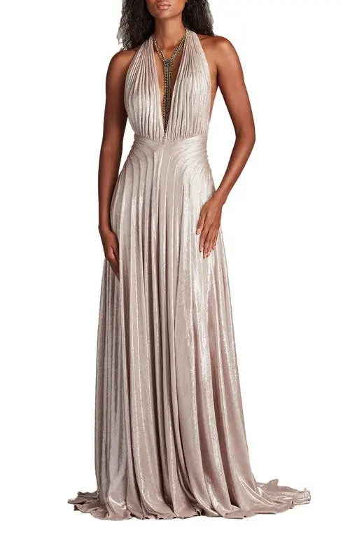 Tadashi Shoji Metallic Plunge Halter Gown