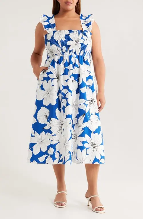 Anne Klein Smocked Ruffle Midi Dress - Palace Blue Multi