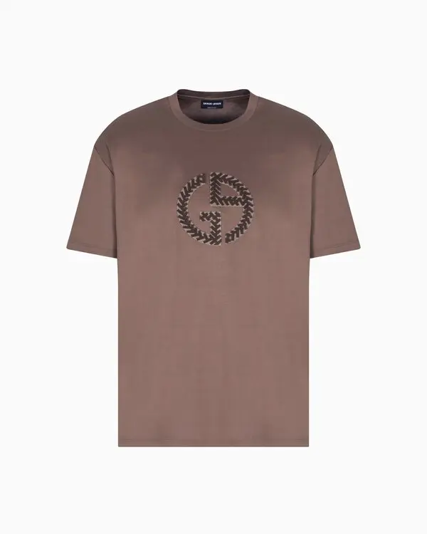 Giorgio Armani Cotton-interlock T-shirt With Oversized Embroidered Ga Logo - Beige