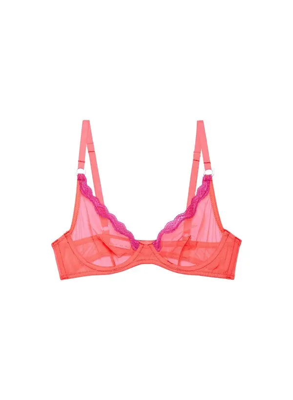 Fleur Du Mal Sheer Tulle Demi Bra - Neon Coral