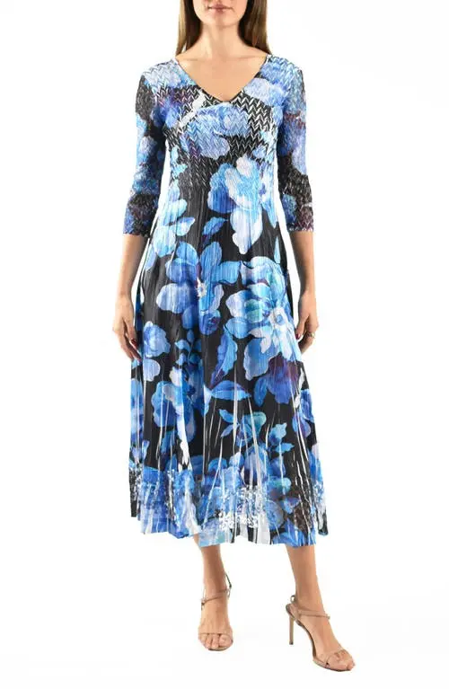 Komarov Lace Sleeve Charmeuse & Chiffon Cocktail Dress - Cyan Blooms