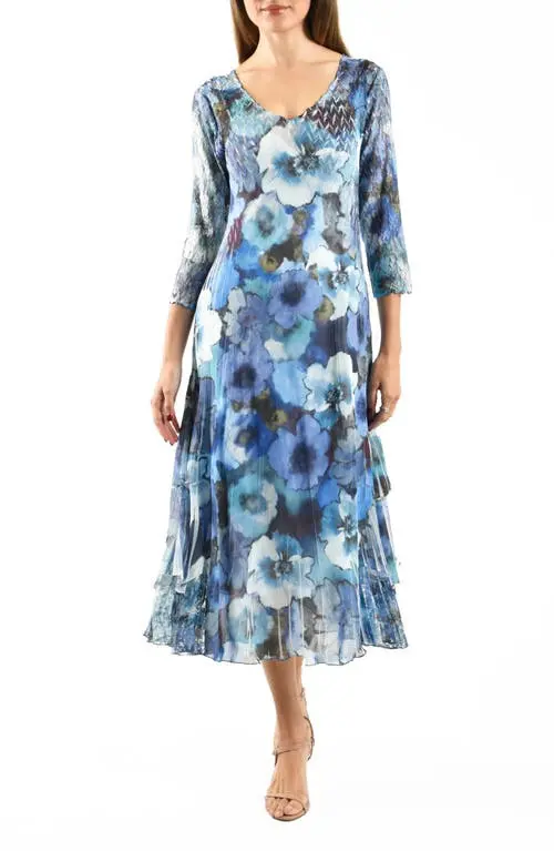 Komarov Floral Charmeuse & Chiffon Cocktail Dress - Blue Haze