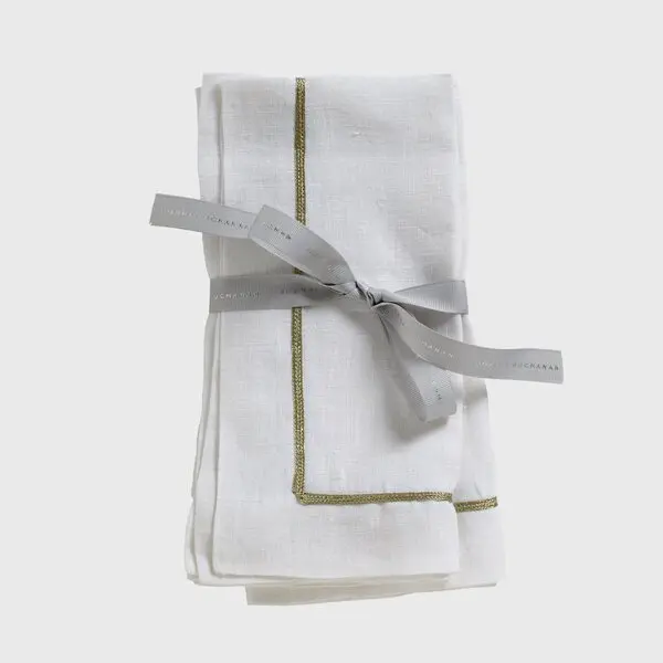 JOANNA BUCHANAN Gold Trim Linen Dinner Napkins - White