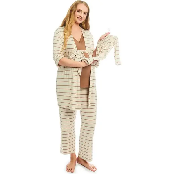 EVERLY GREY Analise During & After 5-piece Maternity/nursing Sleep Set For Mom & Baby - Mocha Stripe