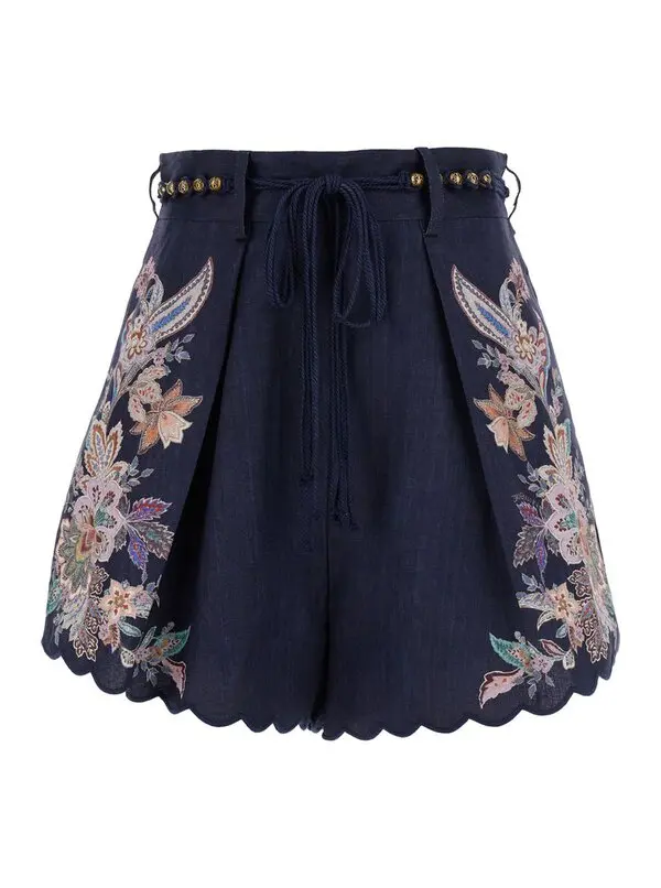 Zimmermann Rhiannon Linen Shorts With Floral Embroidery - Multicolor