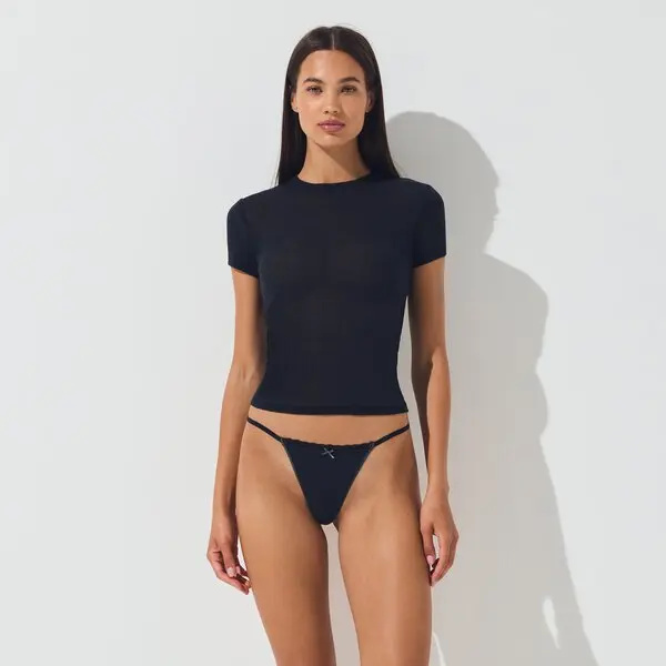 SKIMS Lightweight Cotton Lace String Thong - Soot Tonal