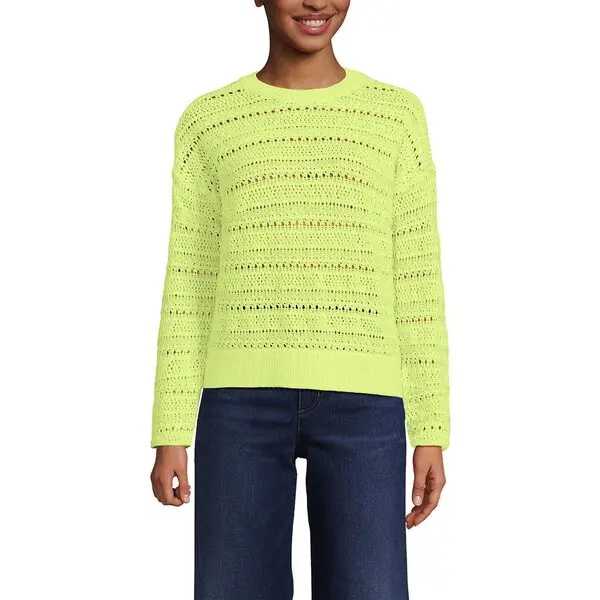LANDS' END Cotton Blend Pointelle Crew Neck Sweater - Soft Limoncello Yellow