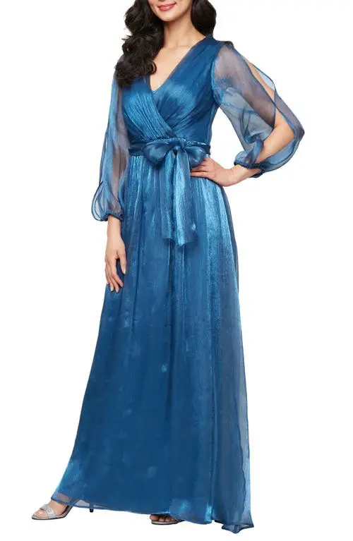 Alex Evenings Metallic Long Sleeve Chiffon Gown