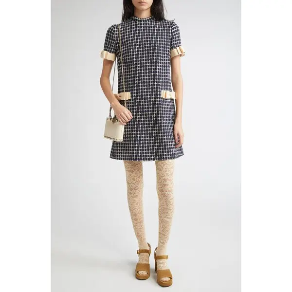 Valentino Garavani Bow Detail Wool & Silk Bouclé Dress - White/ Navy