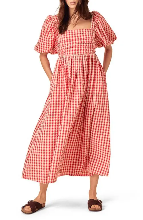 NOBODY'S CHILD Nova Gingham Puff Sleeve Linen Blend Midi Dress