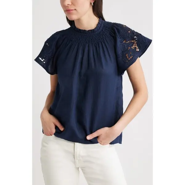 Caslon Embroidered Cutwork Linen Popover Top - Navy