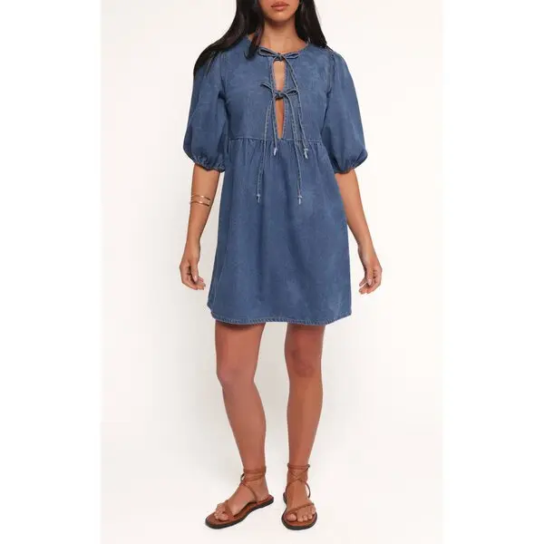 PETAL & PUP Romana Tie Front Denim Mini Dress