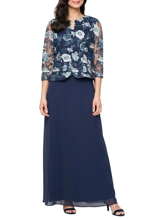 Alex Evenings Floral Embroidered Gown With Jacket