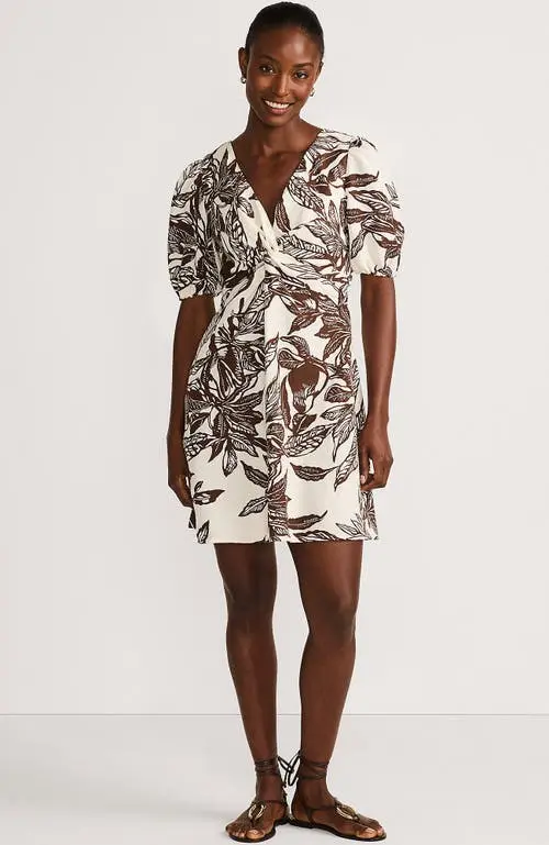 LANDS' END Linen Fit-and-flare Mini Dress - Vanilla/bark Etched Leaves