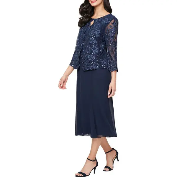 Alex Evenings Embroidered Lace & Sequin Mock Cocktail Dress