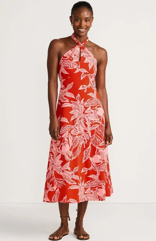 LANDS' END Cotton Modal Halter Midi Dress - Mandarin Orange Etched Leaves
