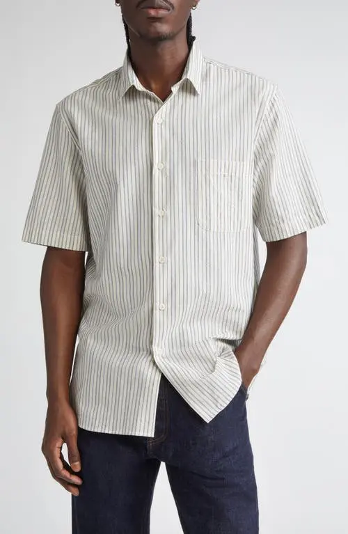 Sunspel Stripe Short Sleeve Button-up Shirt - Soft Denim Multi Stripe