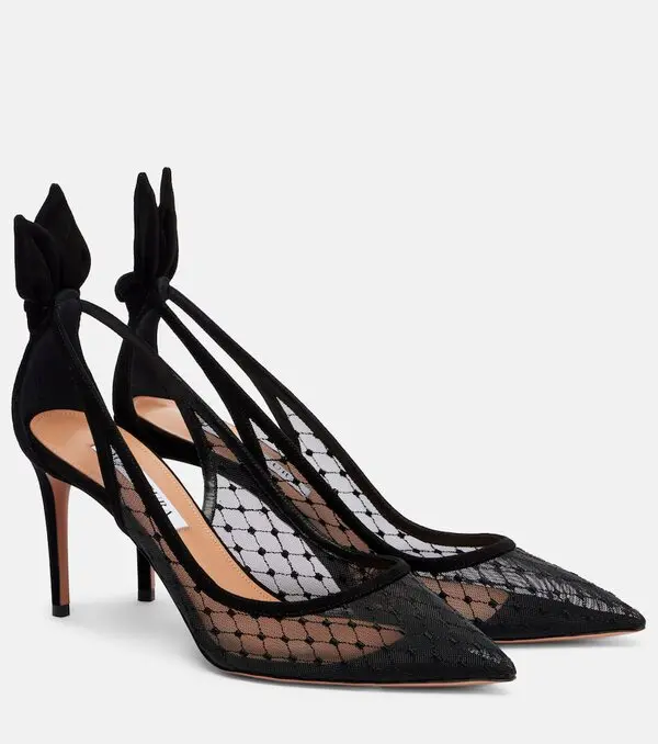 AQUAZZURA Bow Tie 85 Suede-trimmed Mesh Pumps