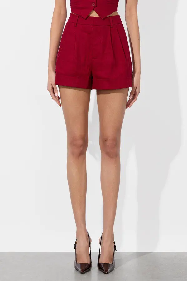 Alice + Olivia Conry Linen Cuffed Short - Burgundy