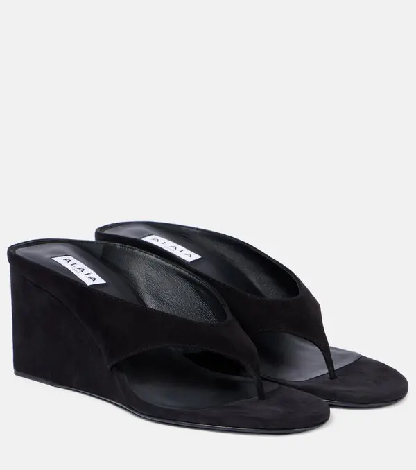 Alaïa Cube 75 Suede Wedge Thong Sandals - Black