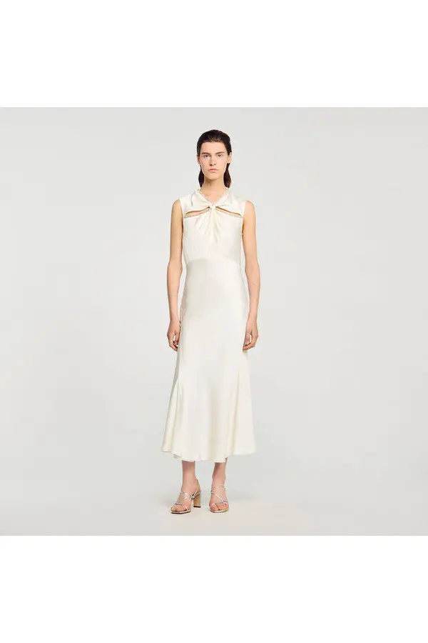 Sandro Satin Maxi Dress With Rhinestone Detail - Neutral / White