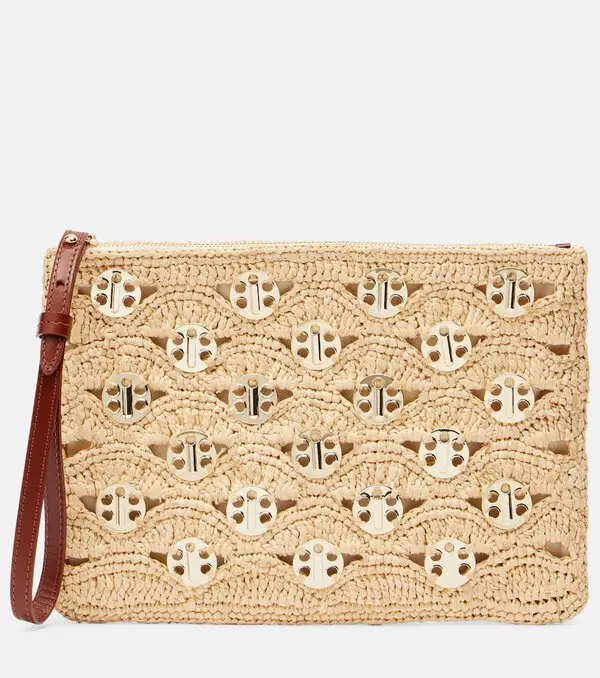 Rabanne Embellished Raffia Pouch - Beige